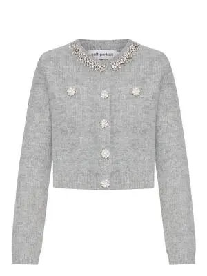 SELF-PORTRAIT Grey Cardigan With Crystal Embellishments - Gray