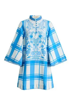 Verandah Cotton-blend Mini Kaftan Dress With Checked Print And Ruffled Hem - Blue