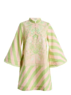 Verandah Kaftan Dress With Diagonal Stripe And Floral Embroidery - Pink
