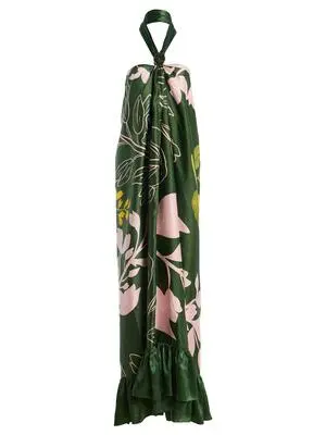 Verandah Halter Neck Floral Print Satin Maxi Dress - Green
