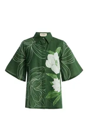 Verandah Bell-sleeve Floral Linen-cotton Shirt - Green