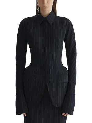 MUGLER Navy Pinstripe Fitted Jacket - Black