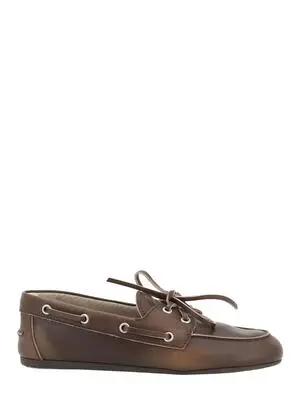 Miu Miu Bleached Leather Boat Loafers With Bow Detailing - Brown