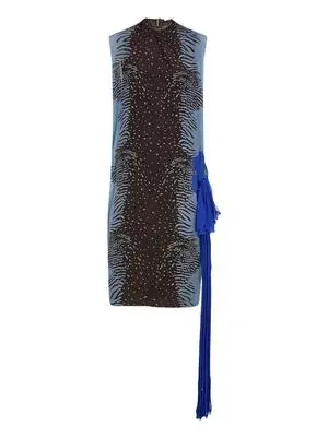 FERRAGAMO Sleeveless Animal Print Silk Dress With Fringed Detail - Brown