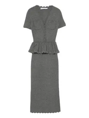 SELF-PORTRAIT Grey Button-up Peplum Knit Dress - Gray
