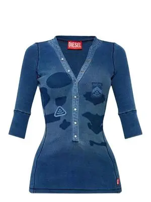 DIESEL® Ribbed Henley Blouse With Logo Patch - Blue