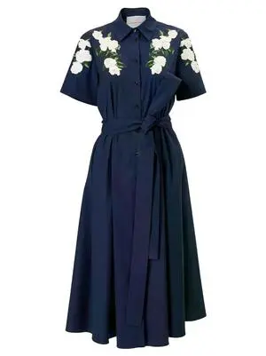 Carolina Herrera Floral Embroidered Belted Midi Dress - Blue