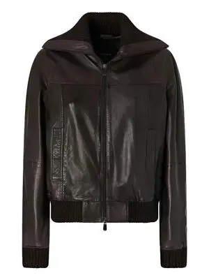 Pinko Ribbed-trim Leather Bomber Jacket - Black
