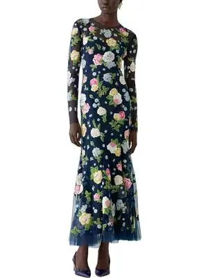 Carolina Herrera Floral Embroidered Maxi Dress - Blue