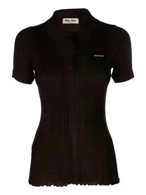 Miu Miu Ribbed Knit Polo Shirt With Ruffled Detailing - Brown
