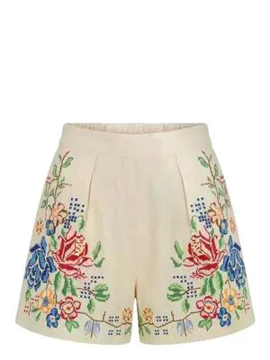 ORSINA Floral Embroidered Pleated Shorts - Neutrals