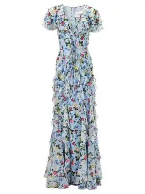 Carolina Herrera Floral Print Ruffled Maxi Dress - Blue