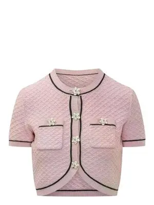 SELF-PORTRAIT Short-sleeve Cardigan With Flower-shaped Buttons - Pink