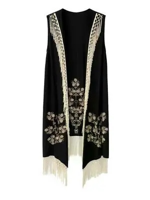 PAHIESA FORMENTERA Embroidered Fringe-trim Vest - Black