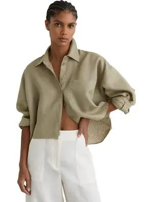 REISS Solena Linen Cropped Shirt - Green