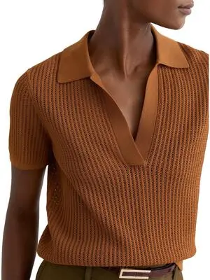 REISS Pippa Open-stitch Knitted Polo Top - Rust Orange