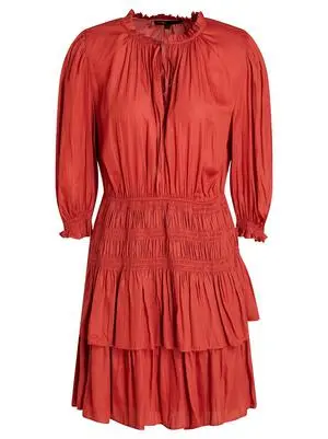 Maje Tiered Mousseline Mini Dress With Keyhole Neckline - Brick