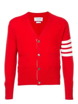 Thom Browne V-neck Long Sleeve Cardigan With Signature Stripes - Red