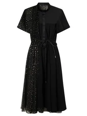 Sacai Belted Polka-dot Chiffon And Satin Midi Dress - Black