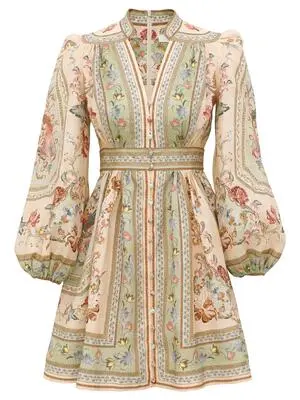 Zimmermann Mini V-neck Dress With Stand Collar And Stone Buttons - Multicolor
