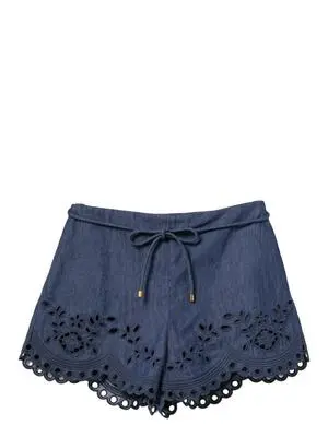 Zimmermann High-waisted Embroidered Cotton Shorts With Self-tie Belt - Blu