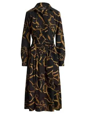 Ralph Lauren Belting Print Pleated Shirt Midi Dress - Black