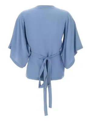 KANGRA Silk Crepe Wrap Blouse - Blue