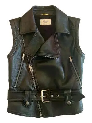 Saint Laurent Belted Sleeveless Leather Jacket - Black