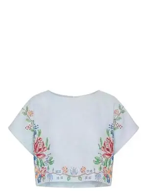 ORSINA Floral Embroidered Cropped Top - Blue
