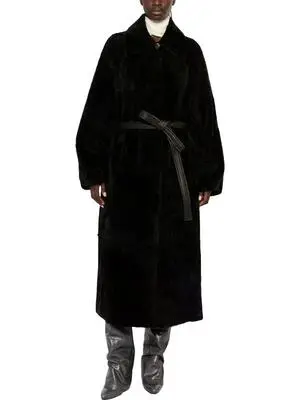 BLANCHA Belted Shearling Coat - Brown