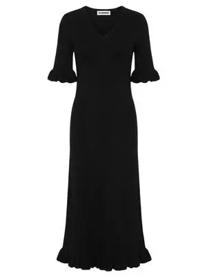 JIL SANDER V-neck Ruffle Trim Maxi Dress - Black