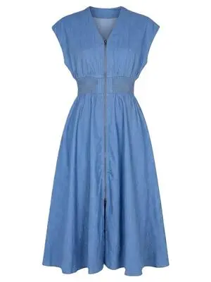 MODENAIRE Smocked Waist Denim Midi Dress - Blue
