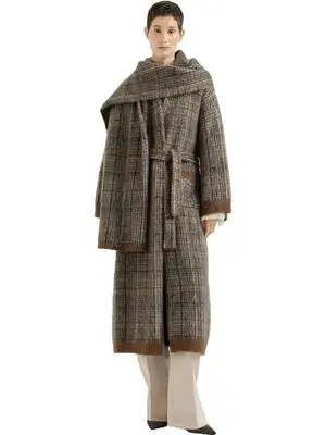 Brunello Cucinelli Mohair And Wool Prince Of Wales Double Knit Coat With Scarf - Brown
