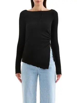 Nude Lucy Cora Long Sleeve Top Boatneck Asymmetrical Knit - Black
