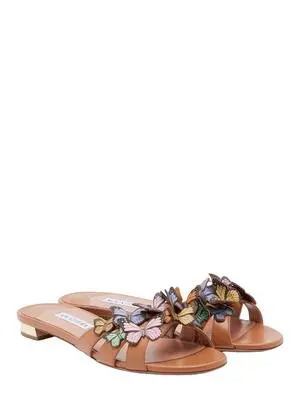 AQUAZZURA Papillon Applique Leather Slides - Brown