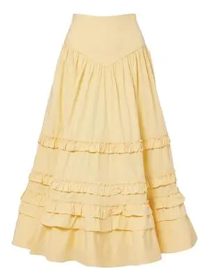 GANNI Cotton-blend Ruffled Shirred Tiered Midi Skirt - Yellow