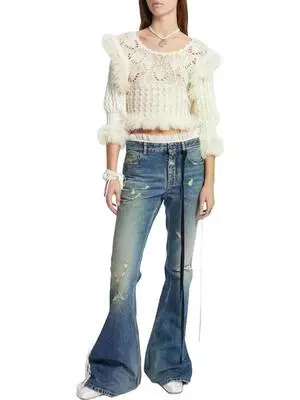 ANN DEMEULEMEESTER Feather-trim Pointelle-knit Sweater - Neutrals