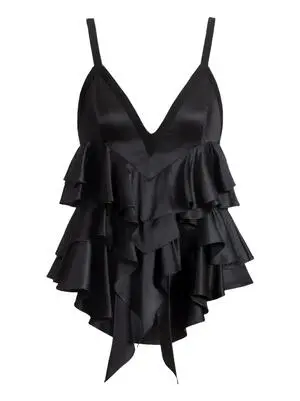 Balmain Satin Ruffled V-neck Evening Top - Black
