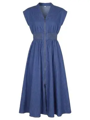 MODENAIRE Sleeveless Zip-front Denim Midi Dress - Blue