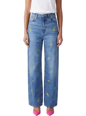 GANNI Wide Leg Jeans With Floral Embroidery - Beige