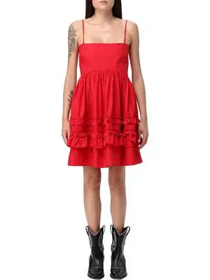 GANNI Cotton Poplin Mini Dress With Rouches And Square Neckline - Red