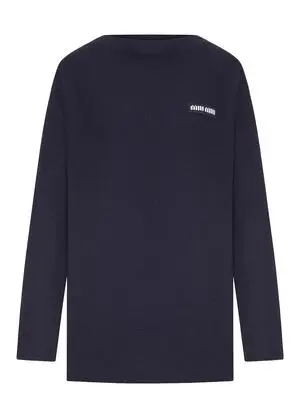 Miu Miu Ribbed Wool Sweater With Logo Patch - Blue