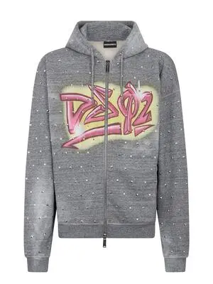 Dsquared2 Graffiti Logo Embellished Zip-up Hoodie - Grey