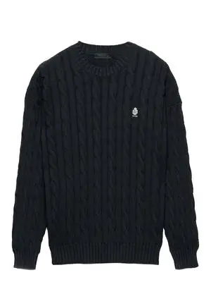 Prada Crewneck Cable Knit Cotton Sweater - Black