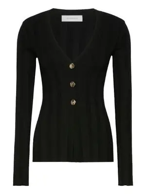 Sportmax Ribbed V-neck Cardigan With Gold Button Detail - Black