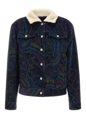 Etro Printed Corduroy Jacket With Shearling Collar - Blue