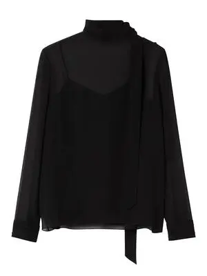 Gucci Silk Georgette Top With Logo Embroidery And Bow Detail - Black