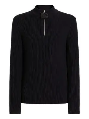 DOLCE & GABBANA DOLCE & GABBANA Ribbed Knit Quarter-Zip Turtleneck With DG Monogram Detail