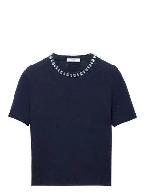 Prada Crew Neck Embellished Sweater In Wool And Cashmere - Blue