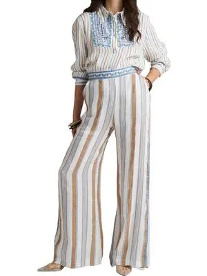 Pho Firenze Striped Shirt With Embroidered Details - Beige